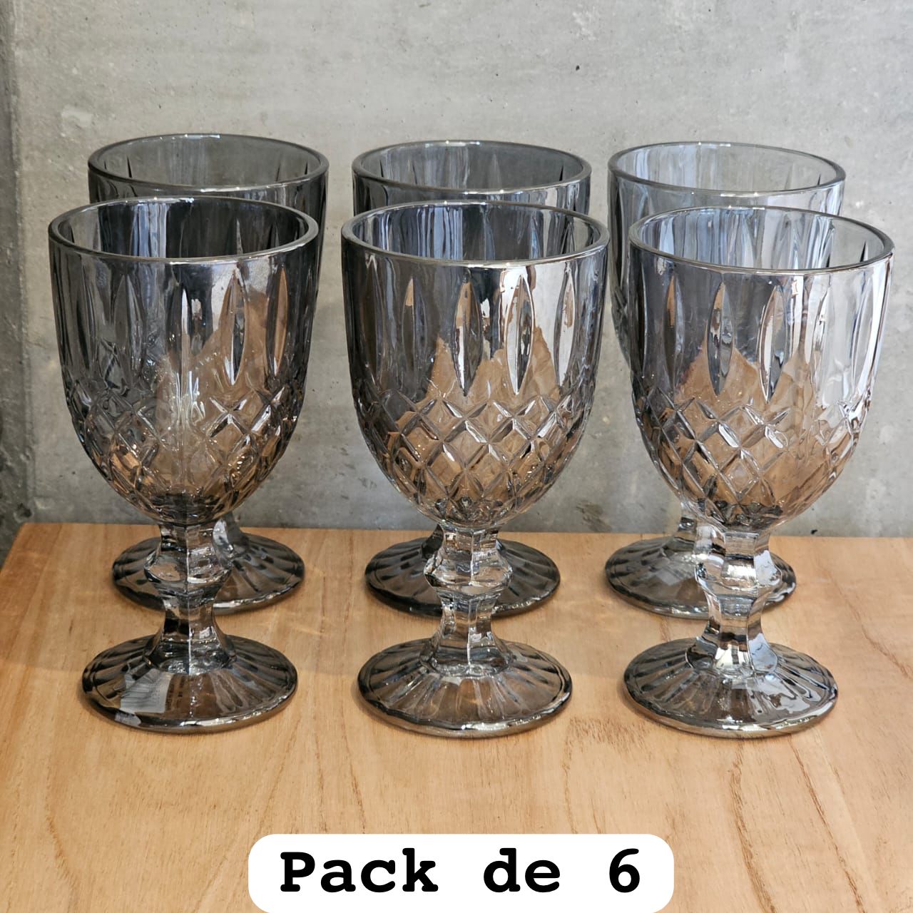 COPA DE VIDRIO LABRADA GRIS TORNASOL X 6 UNIDADES. – Borlas Chic